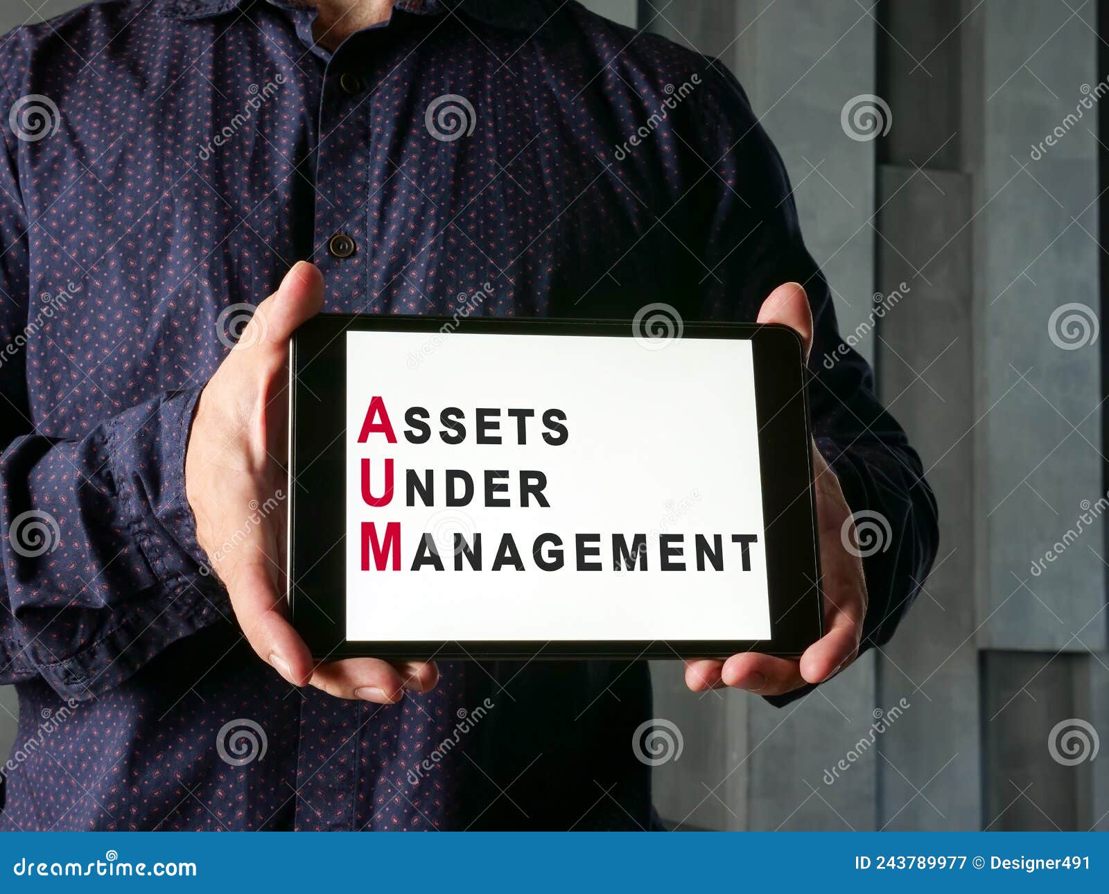 Assets Under Management AUM Concept. Man Shows Tablet. Stock ...