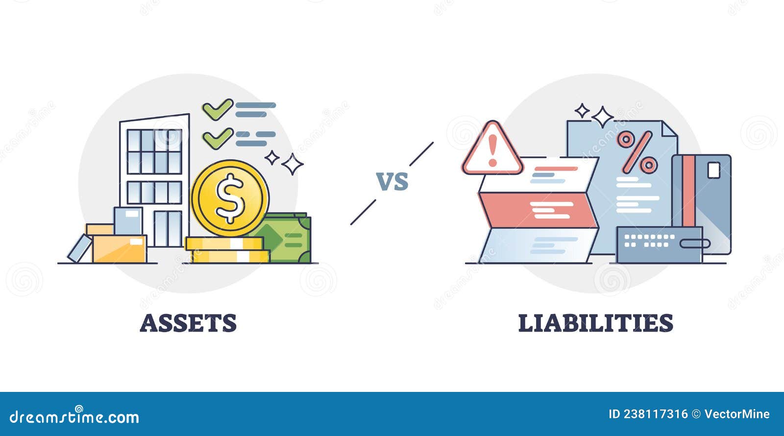 Assets Vs Liabilities As Balance With Debts And Incomes Outline Diagram