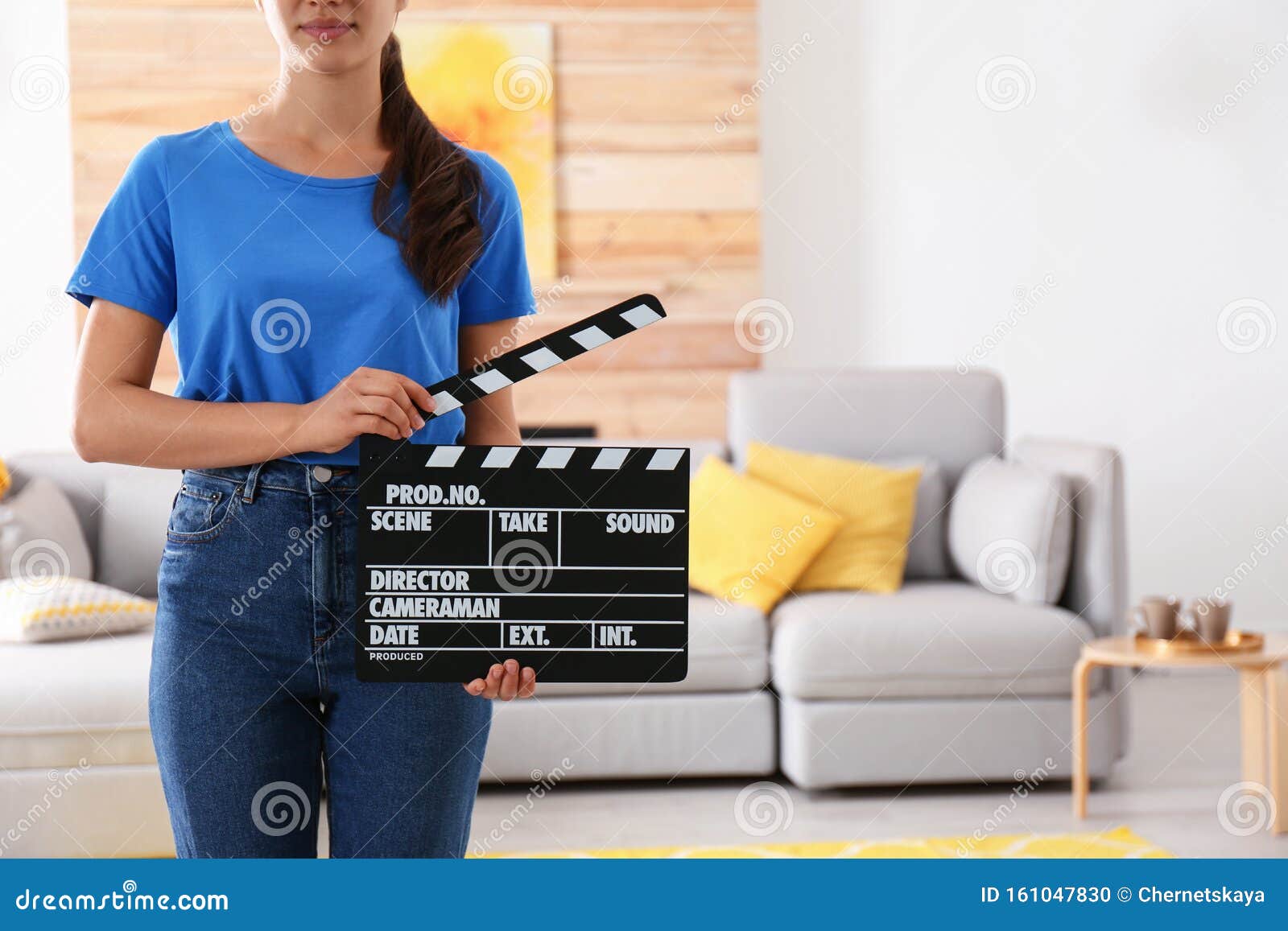 Assistant Holding Clapboard on Film Set. Space for Text Stock Photo ...