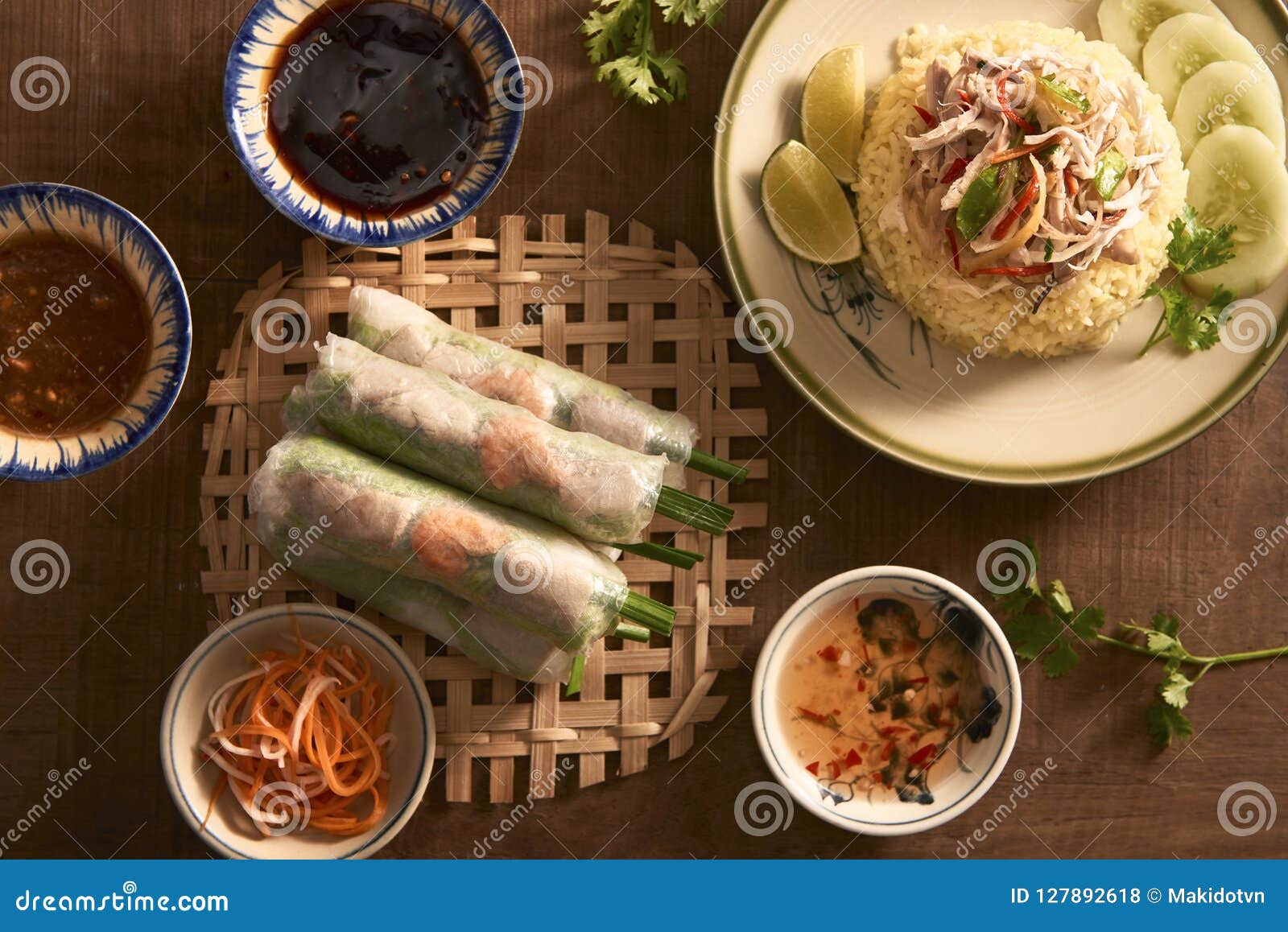 Assorted Asian Dinner, Vietnamese Food. Chicken Rice, Spring Rolls ...