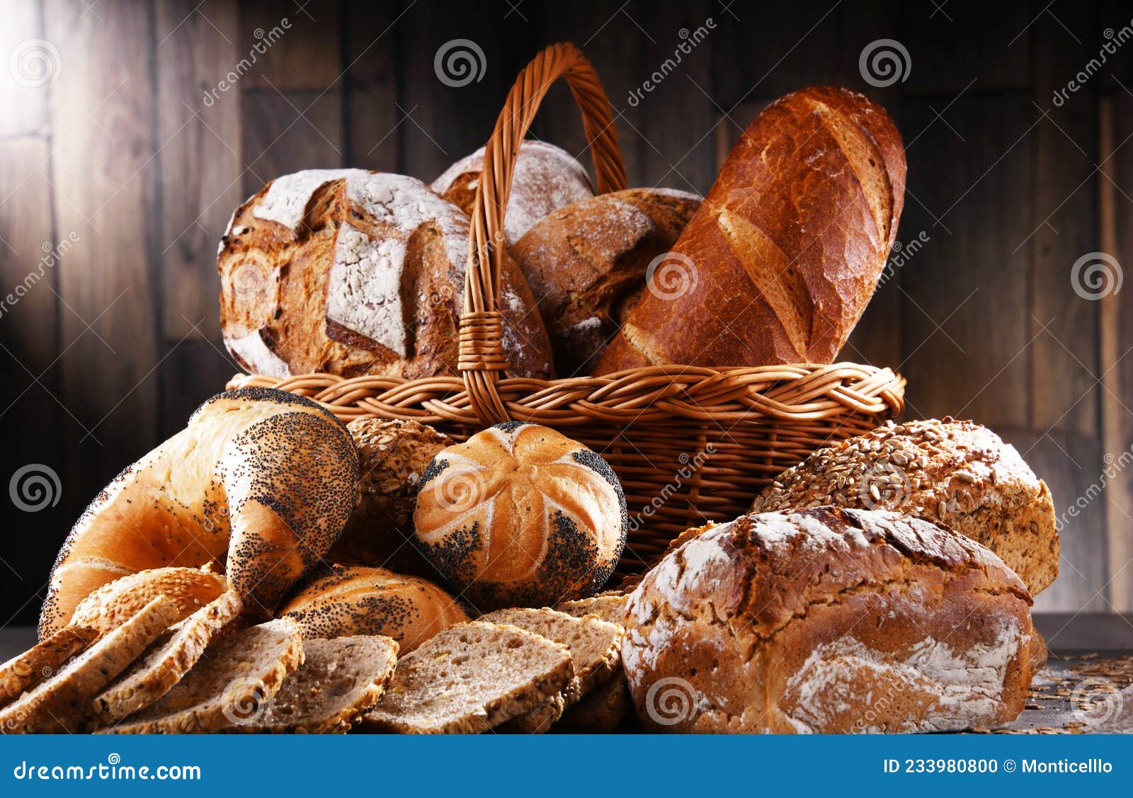 Assorted Bakery Products Including Loafs of Bread and Rolls Stock Photo ...