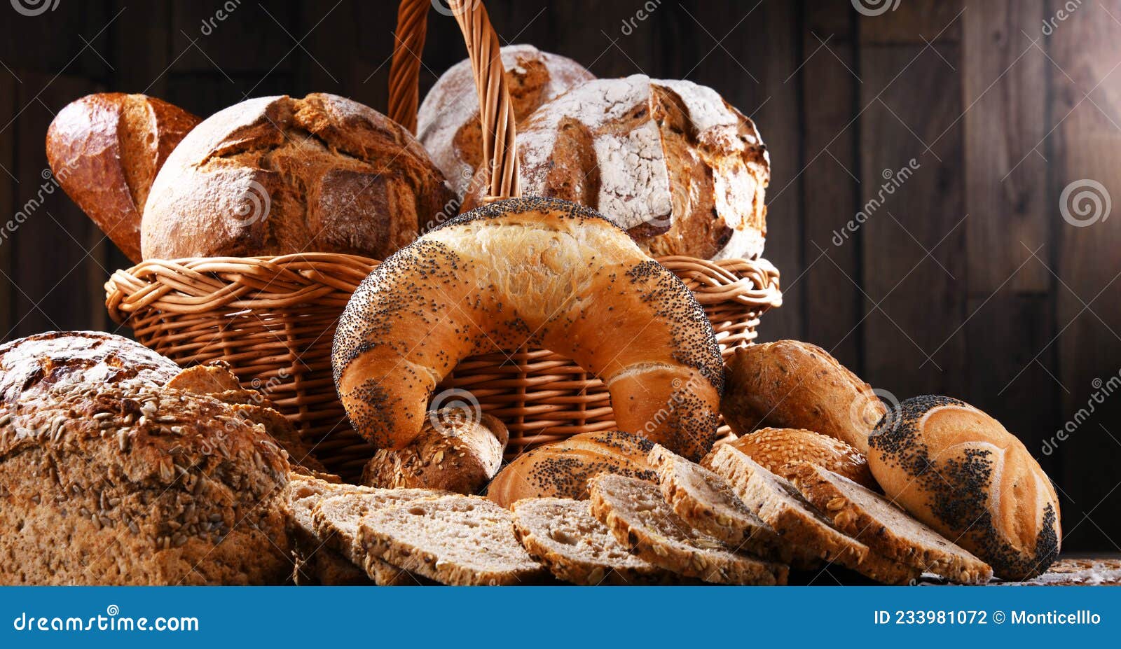 Assorted Bakery Products Including Loafs of Bread and Rolls Stock Photo ...