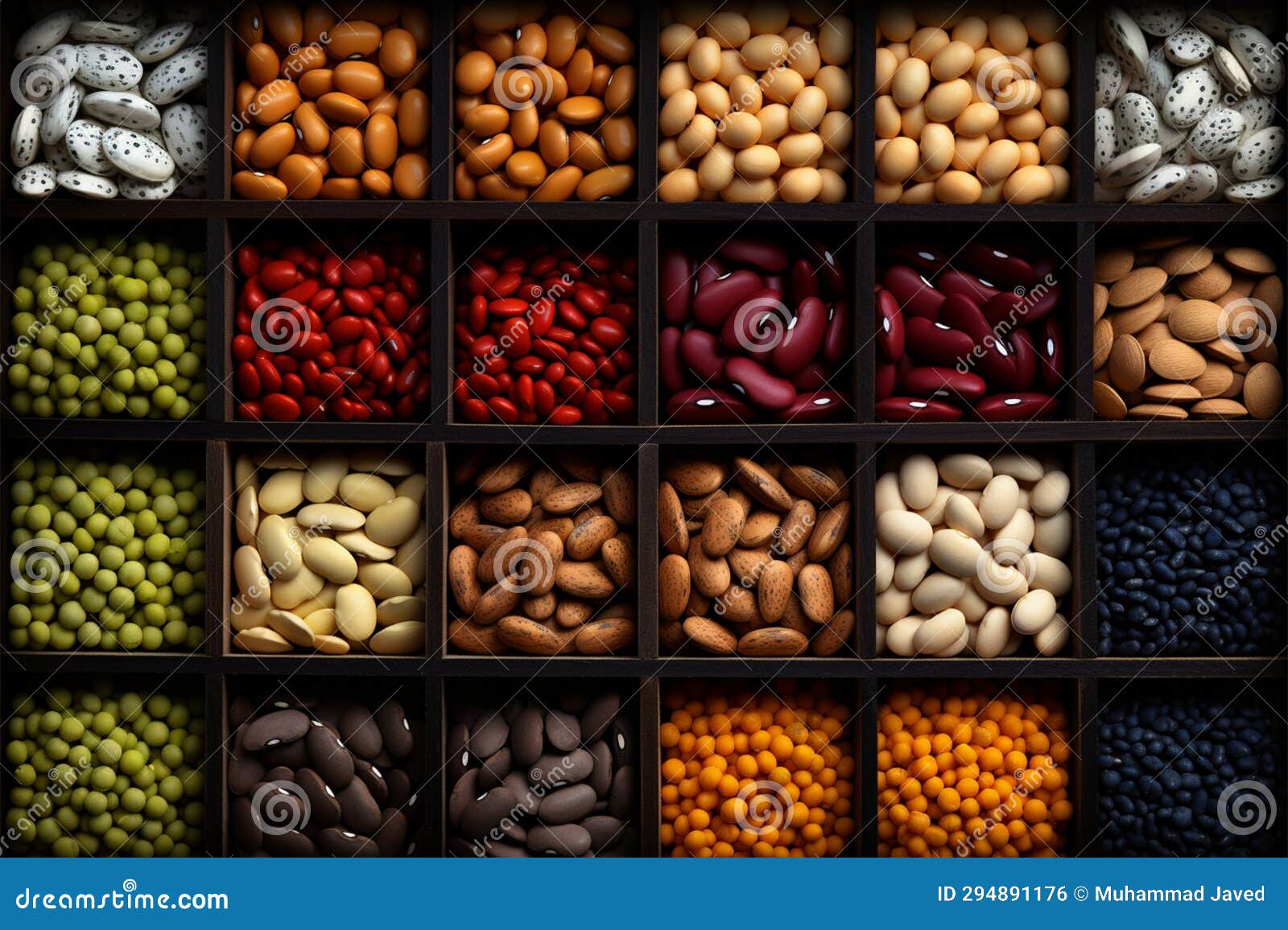 Assorted Beans Seen from Above, Neatly Arranged in Small Wooden Boxes ...