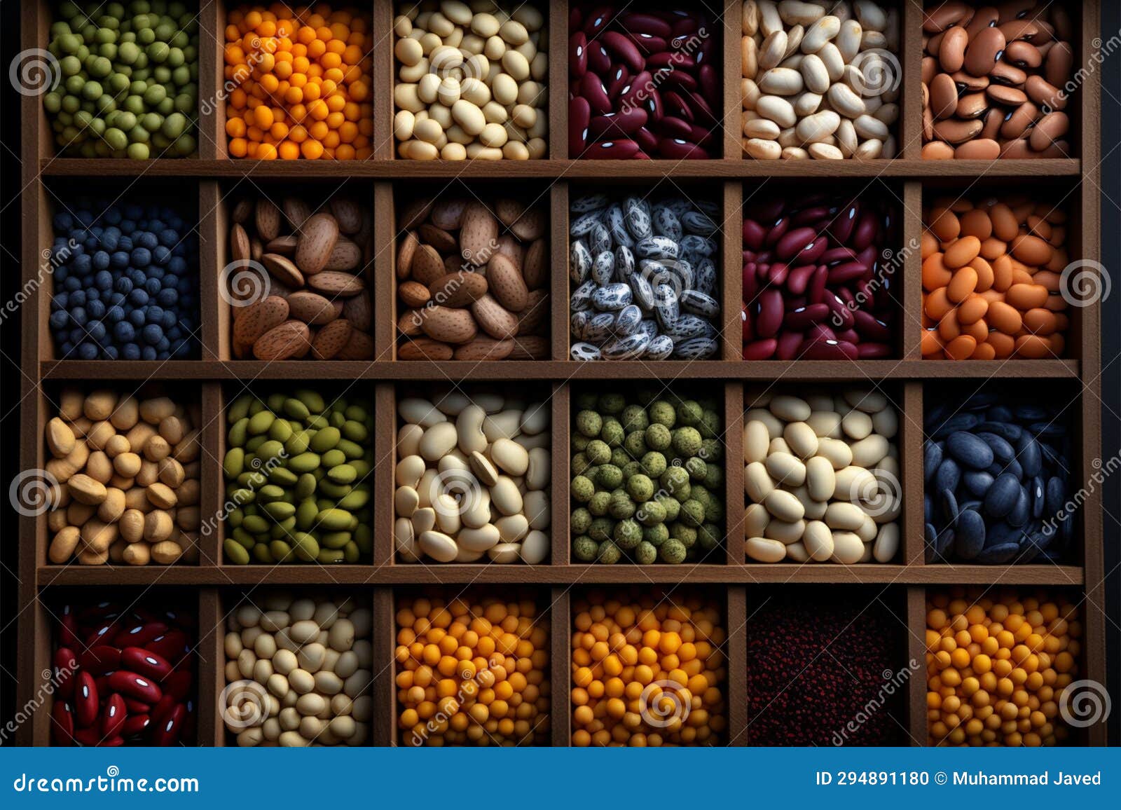Assorted Beans Seen from Above, Neatly Arranged in Small Wooden Boxes ...