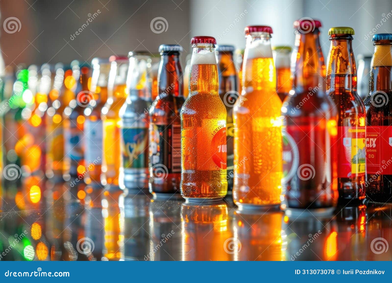 Assorted Beer Bottles of Different Sizes and Colors on Reflective ...