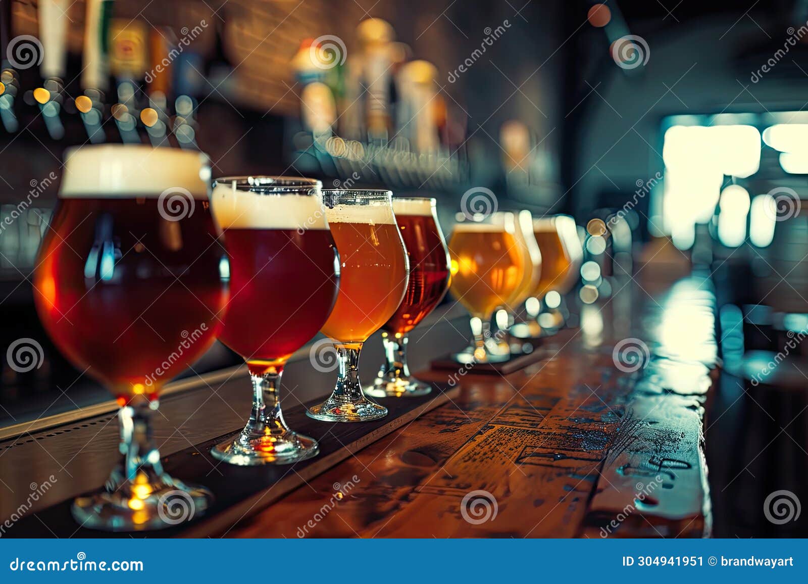 Assorted Beer Glasses Lined Up on Bar Stock Image - Image of ipas, malt ...