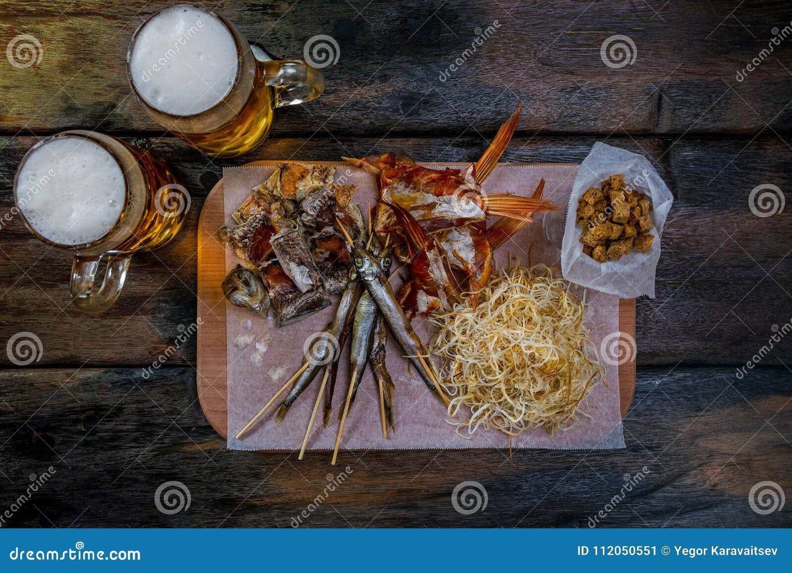 Assorted Beer Snacks: Squid, Smoked Fish, French Fries, Dried Fish, On ...