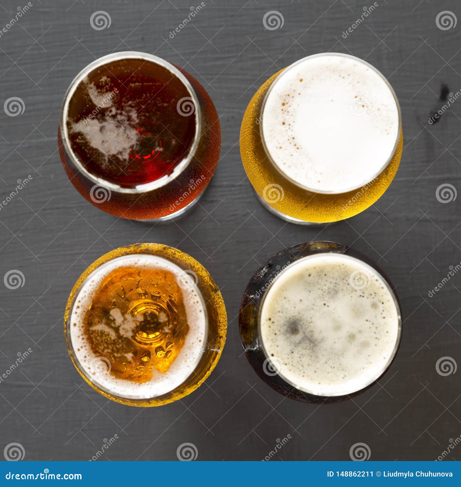 Assorted Beers on a Black Background, Top View. Overhead, from Above ...