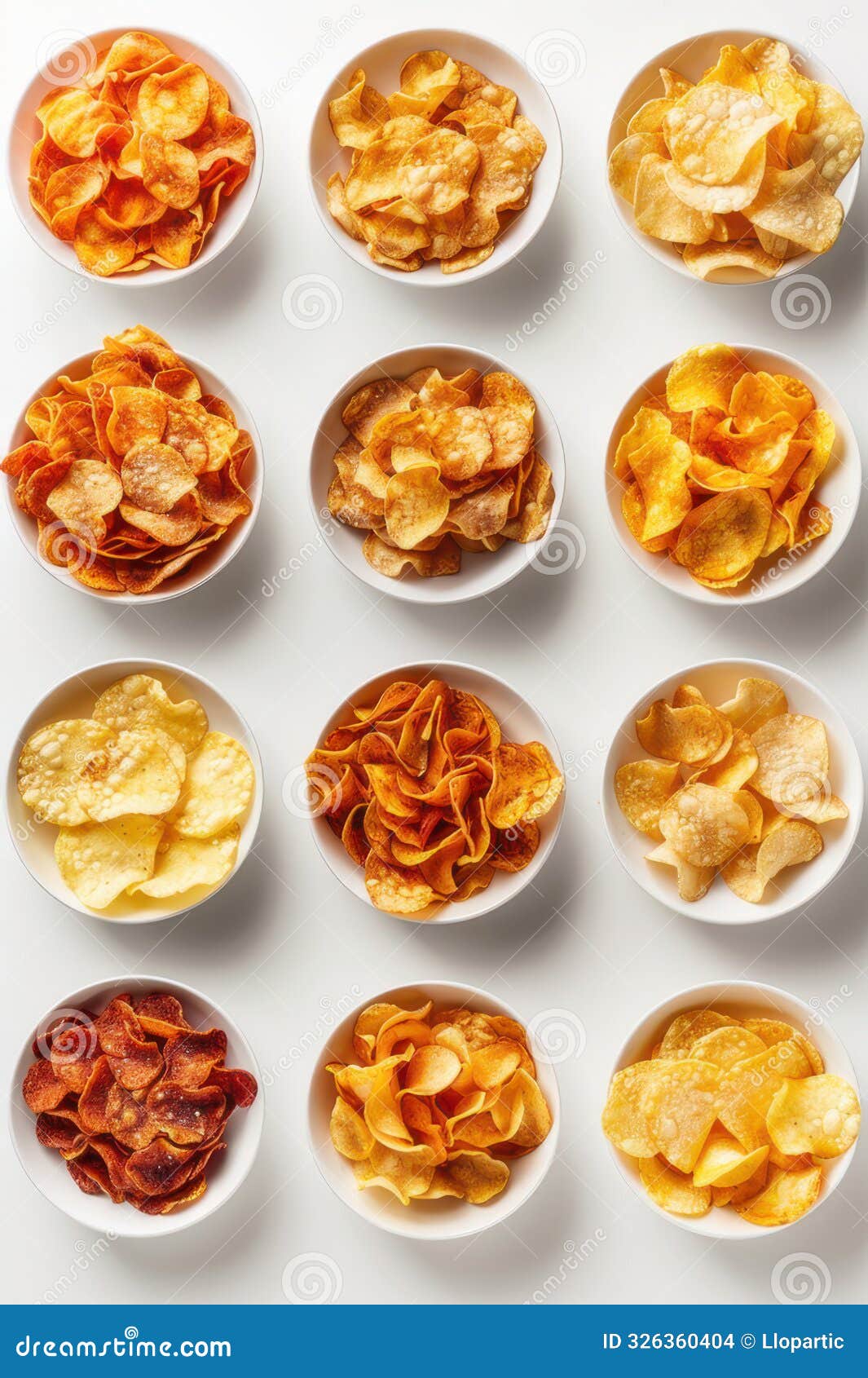 Assorted Bowls Of Crispy Potato Chips In Various Flavors Displayed In A ...