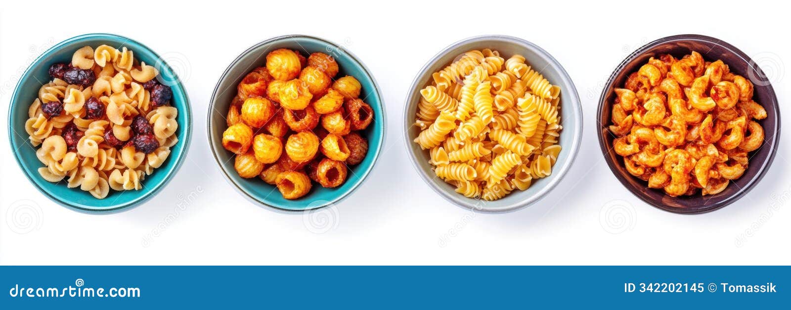 Assorted Bowls Of Spiral And Shell Pasta With Different Flavors And ...