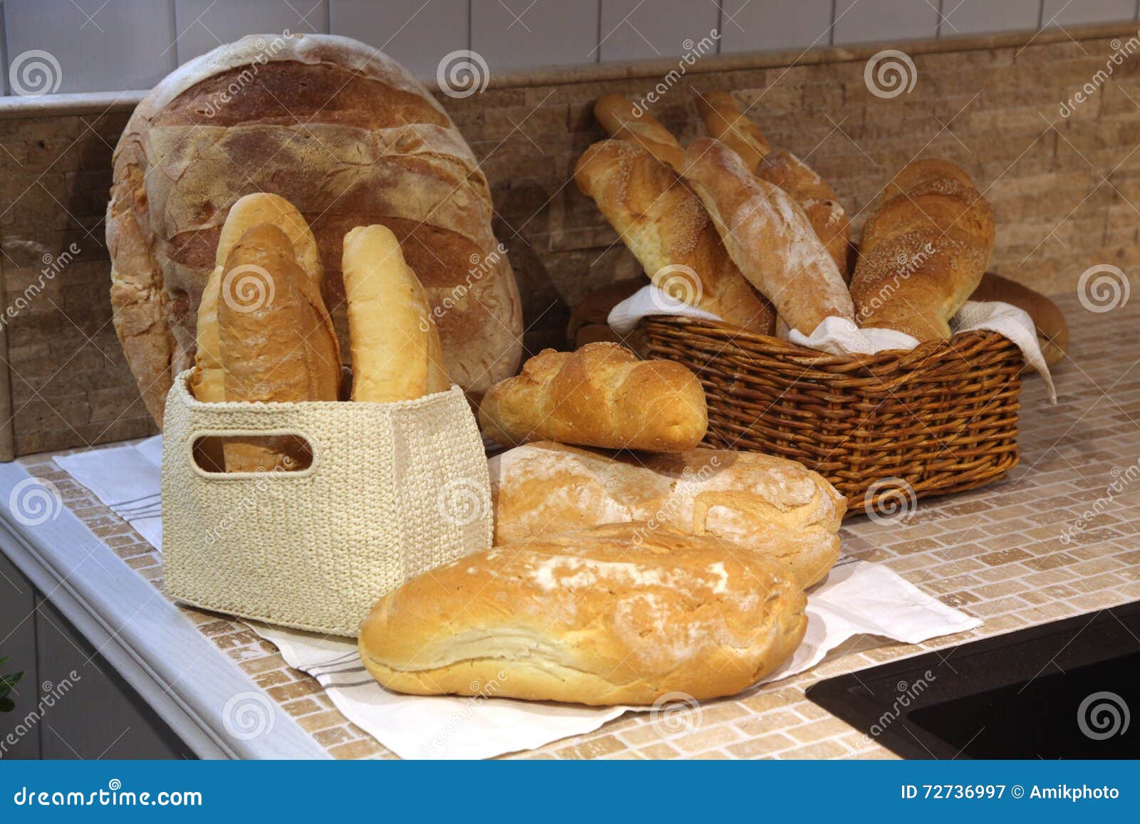 Assorted Bread Basket on Kitchen Stock Image - Image of homemade, mixed ...