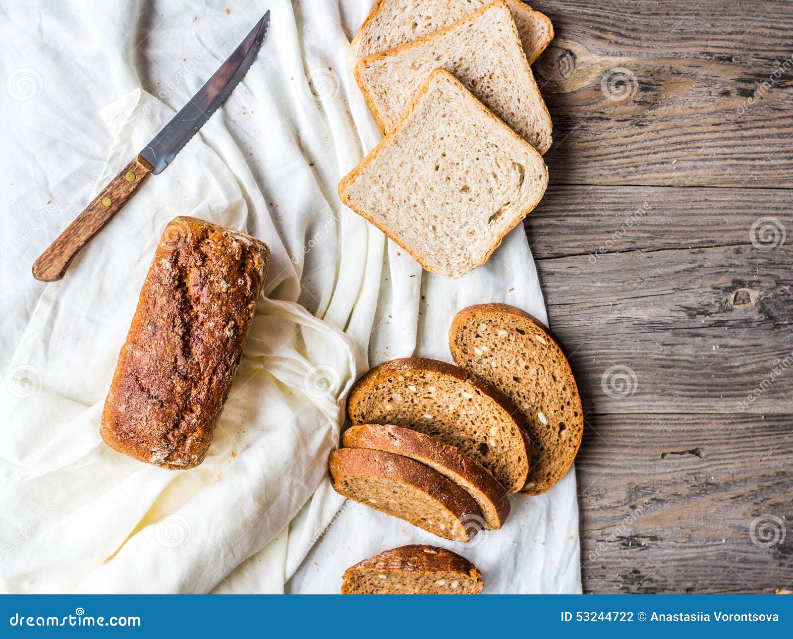 Assorted Bread, Slices of Rye Bread on Linen Tablecloths, Wooden Stock ...
