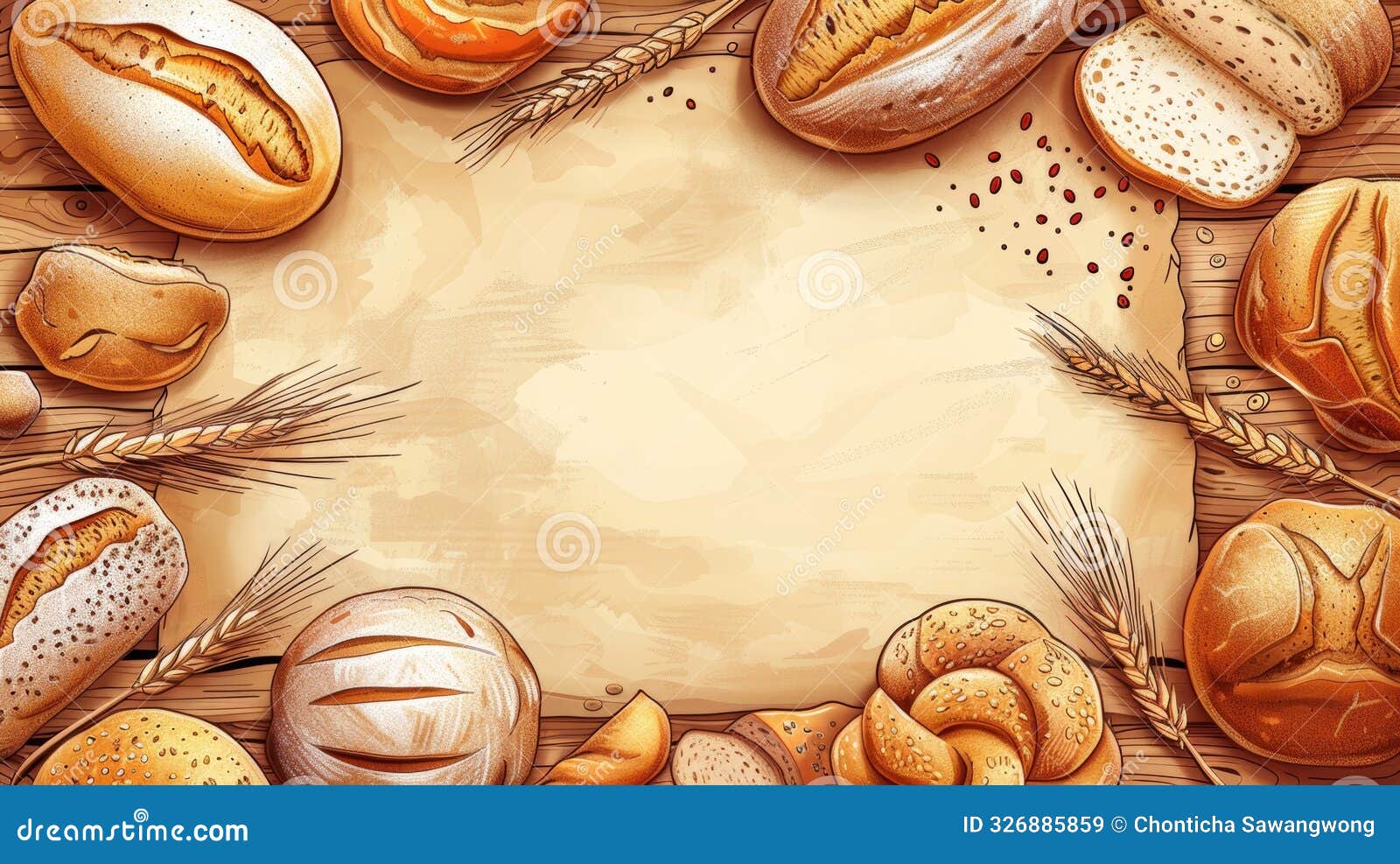 Assorted Bread Varieties on a Wooden Surface with Space in the Center ...