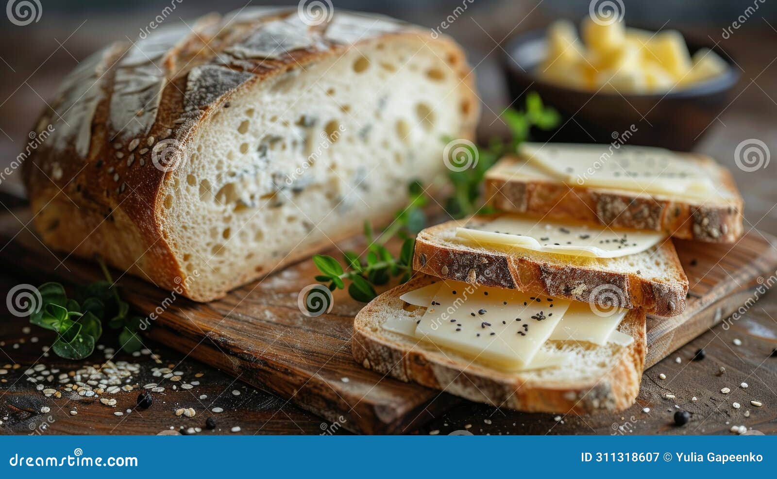 Assorted Breads and Cheeses on a Wooden Table Stock Image - Image of ...
