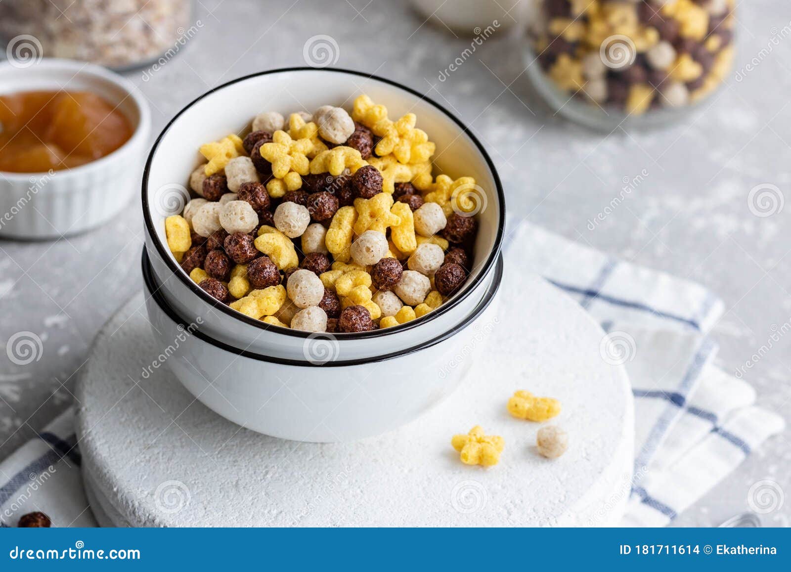 Assorted Breakfast Cereals: Chocolate Balls and Honey Stars Stock Photo ...