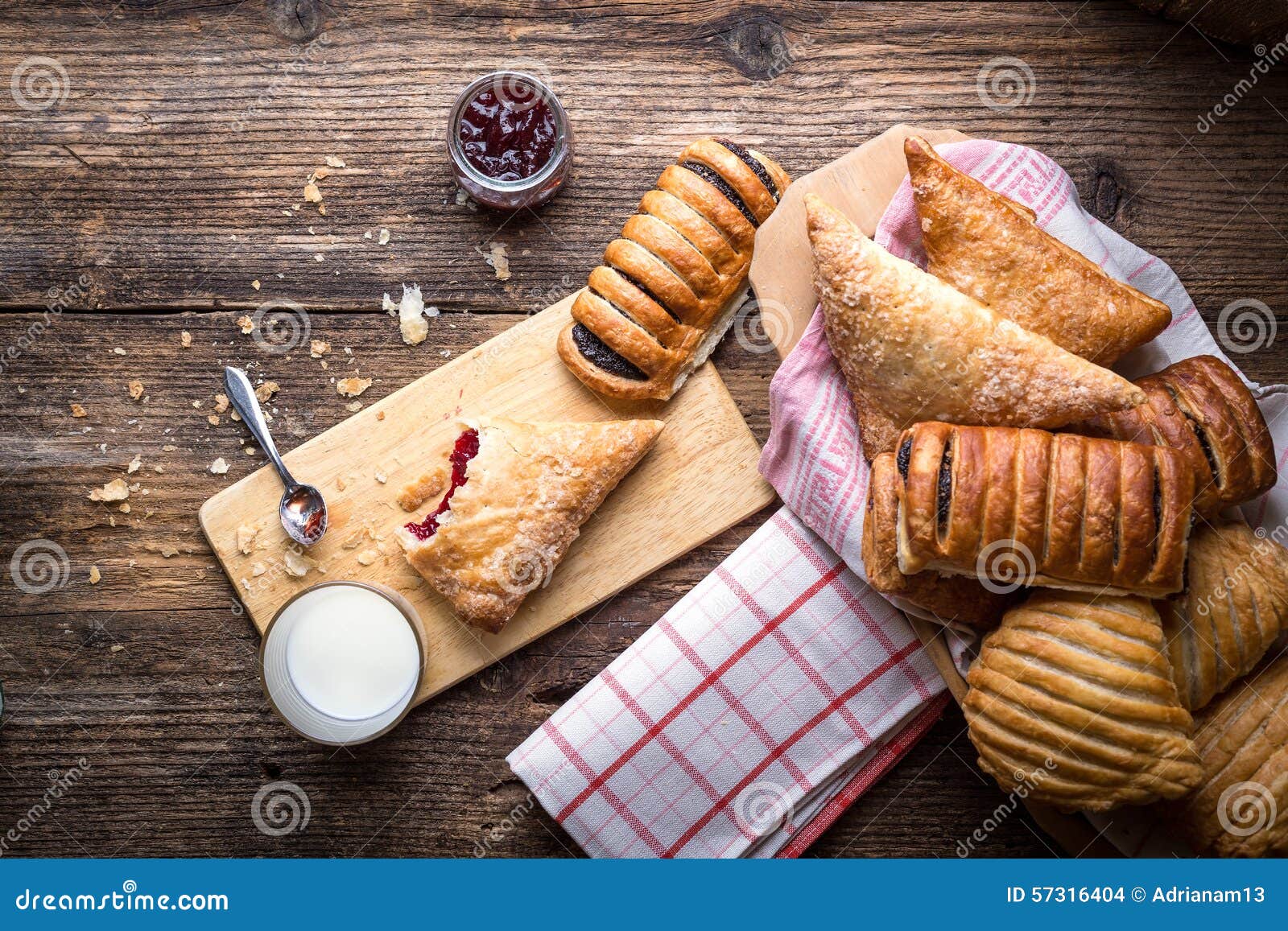 Assorted Breakfast Pastries with Jam and Milk Stock Photo - Image of ...