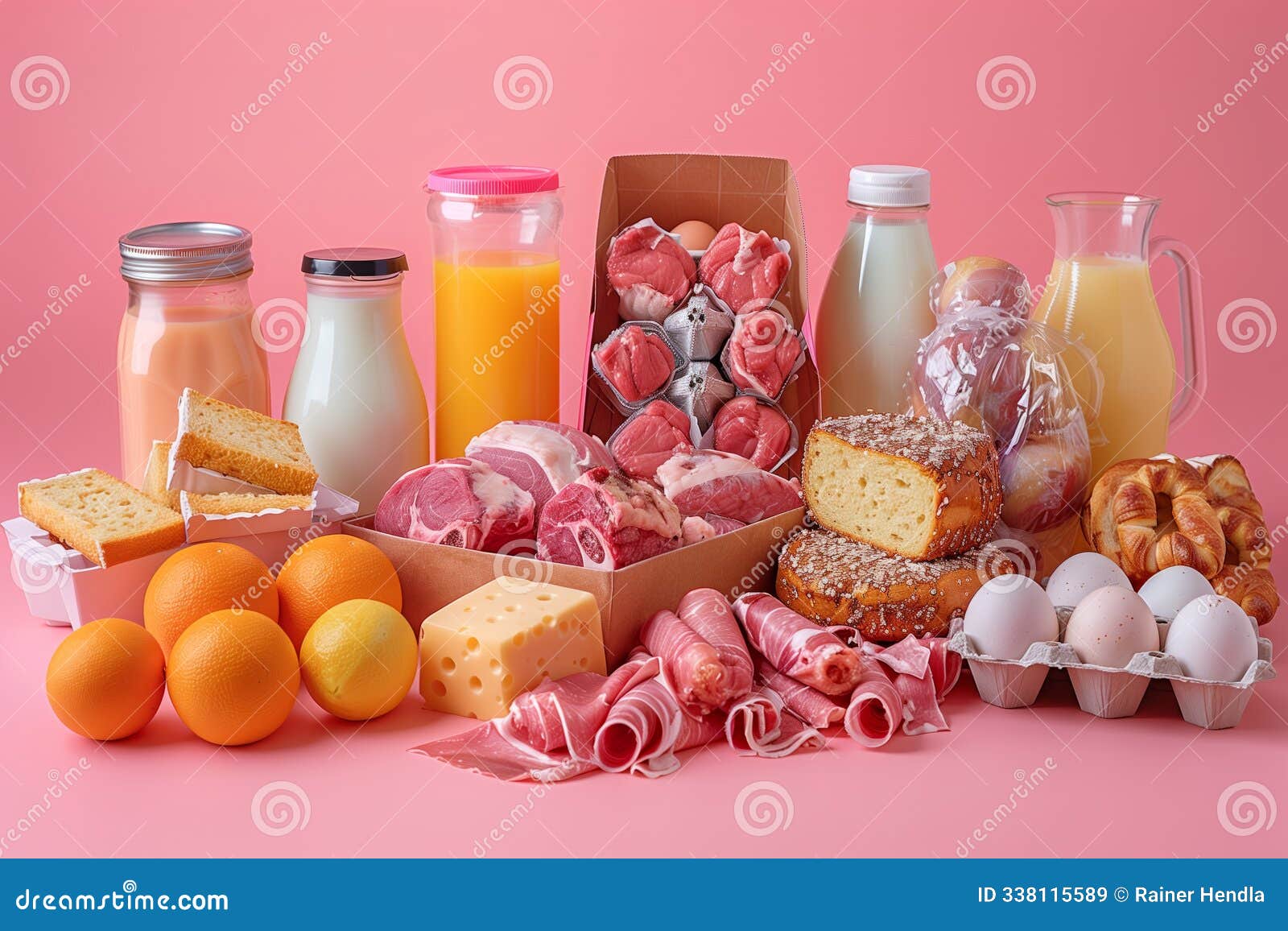 Assorted Breakfast with Sweets, Drinks, and Fruits, Presented on Pink ...