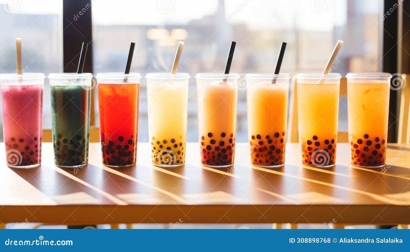 Assorted Bubble Tea Glasses on Bright Table in Modern Cafe, Creating a ...