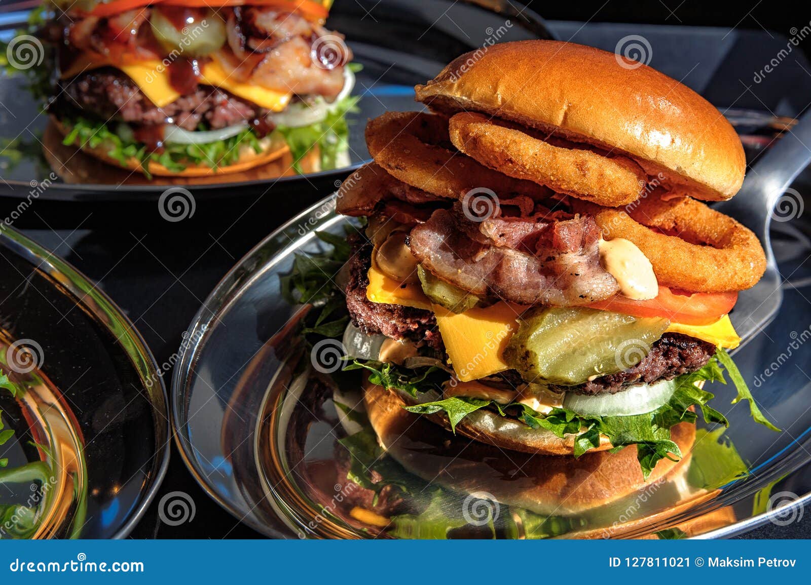 Assorted Burgers on a Metal Plates Stock Image - Image of beef ...