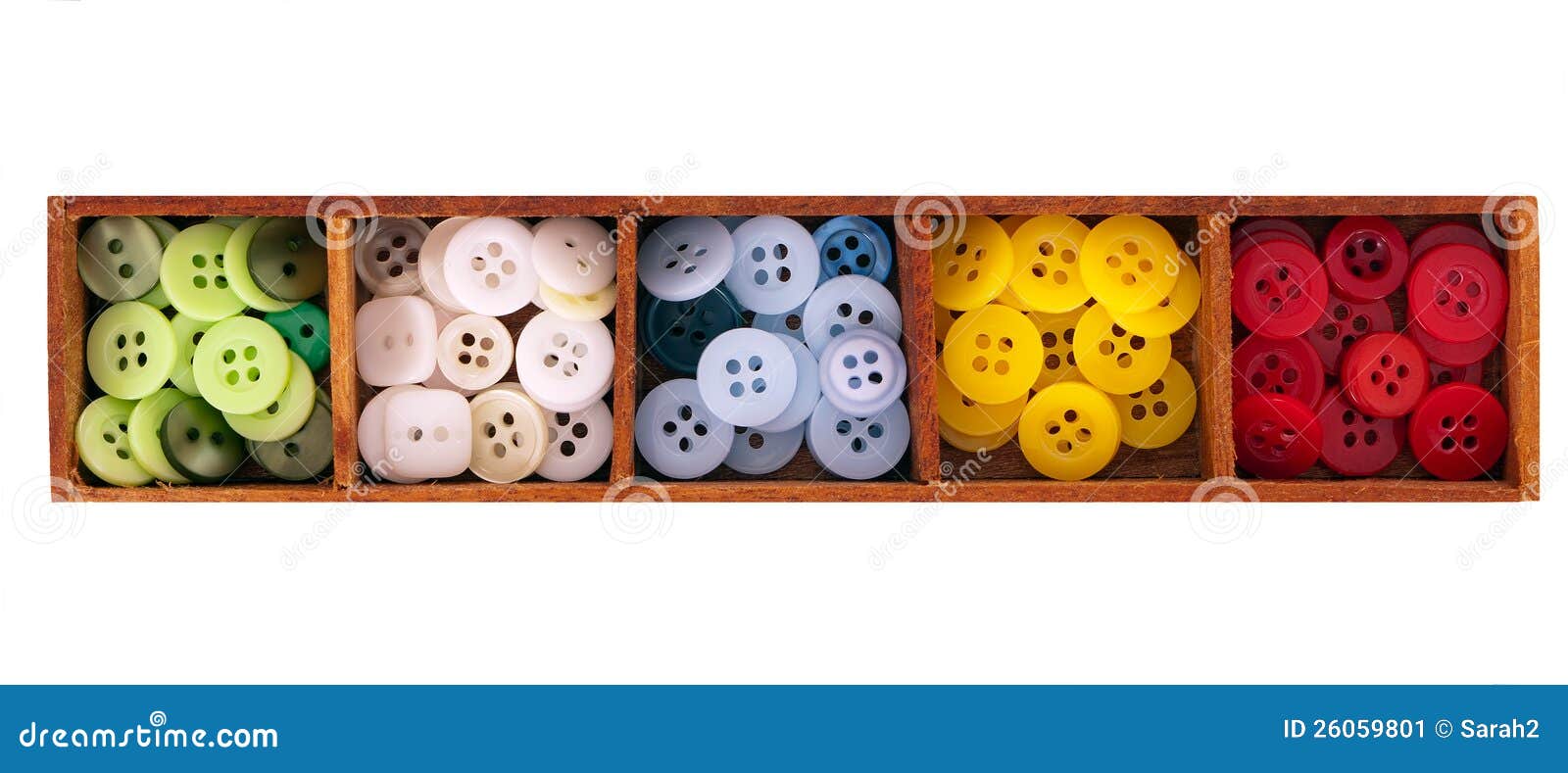 Assorted Buttons in Wooden Box, Isolated Stock Image - Image of wooden ...