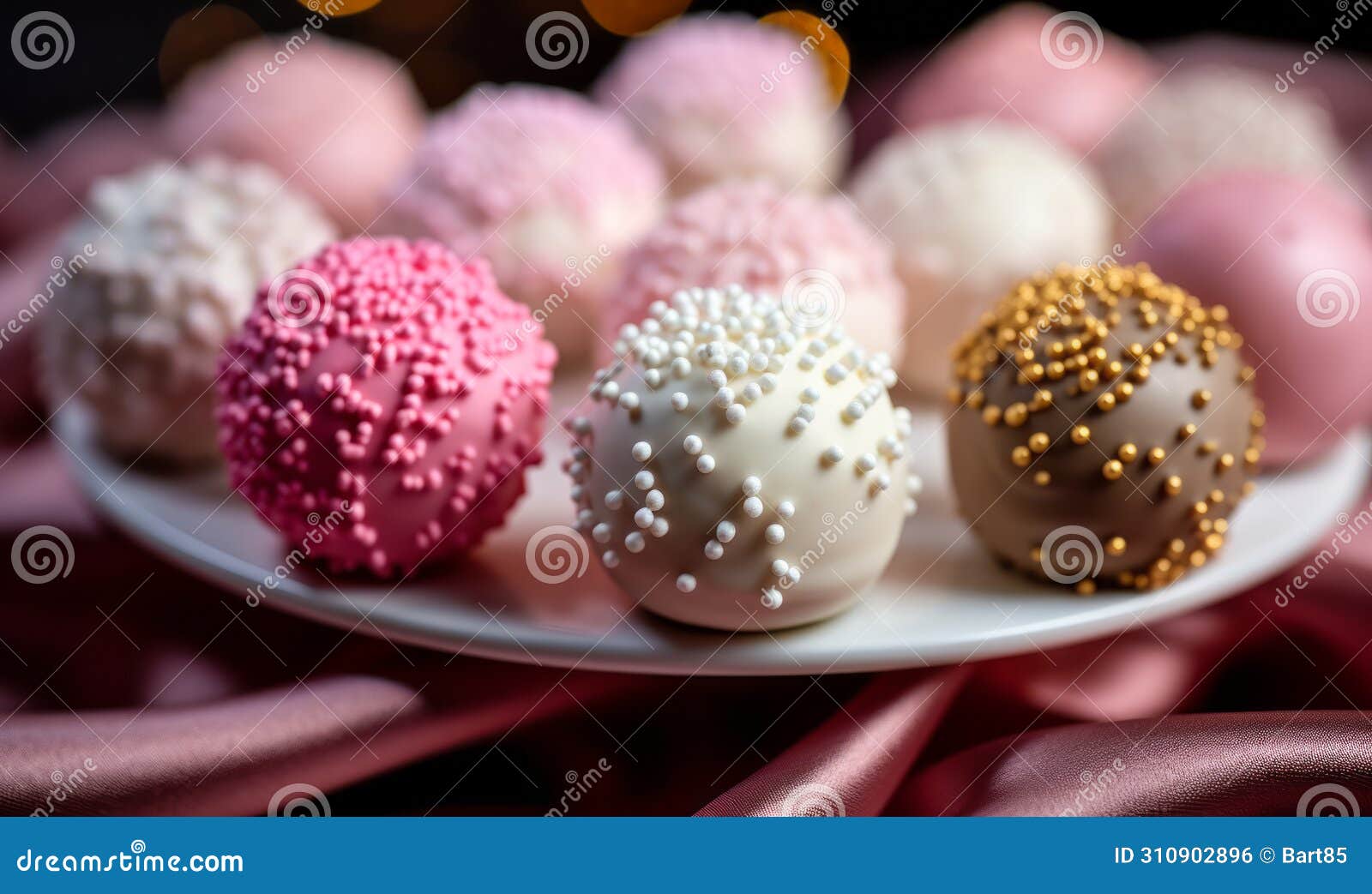 Assorted Cake Pops with Elegant White and Pink Frosting and Decorative Sprinkles Displayed ...