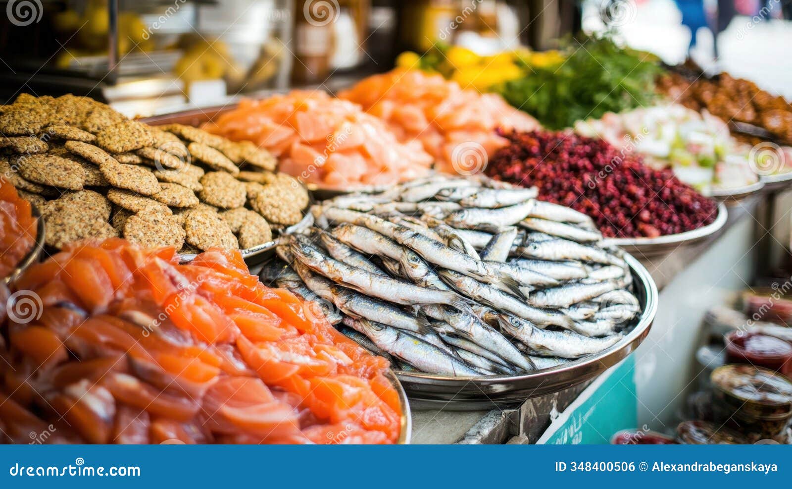 Assorted Canned and Smoked Fish Display with Fresh Seafood Varieties ...