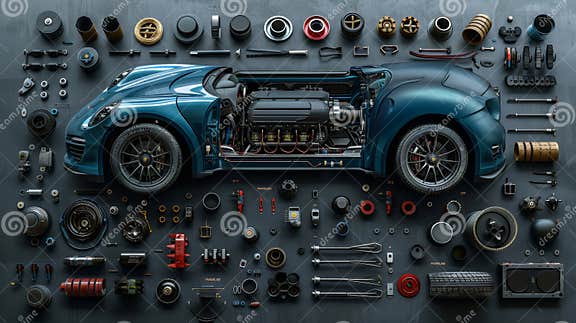 Assorted Car Parts and Engine Components on a Dark Background Stock ...