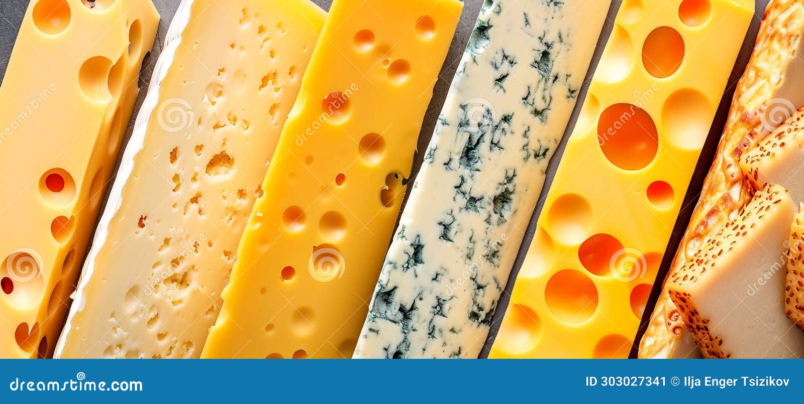 Assorted Cheese Products Divided with White Vertical Lines Bright Light ...