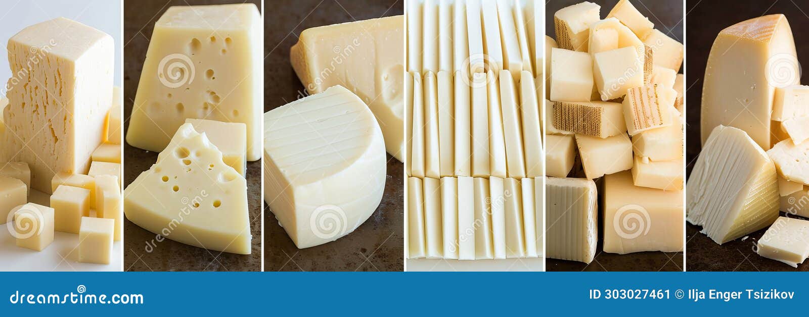 Assorted Cheese Products Divided by White Vertical Lines in Bright ...