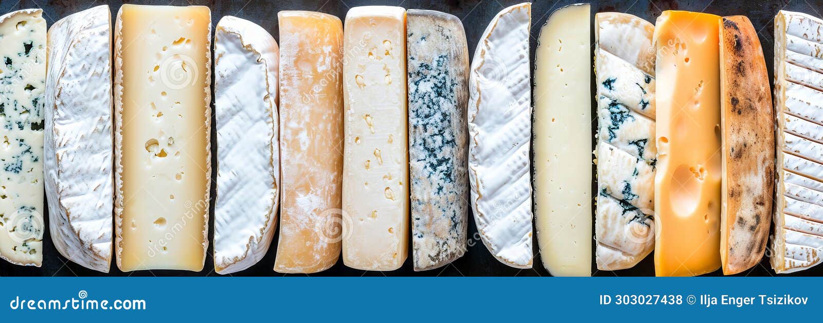 Assorted Cheese Products Divided By White Vertical Lines In Bright ...