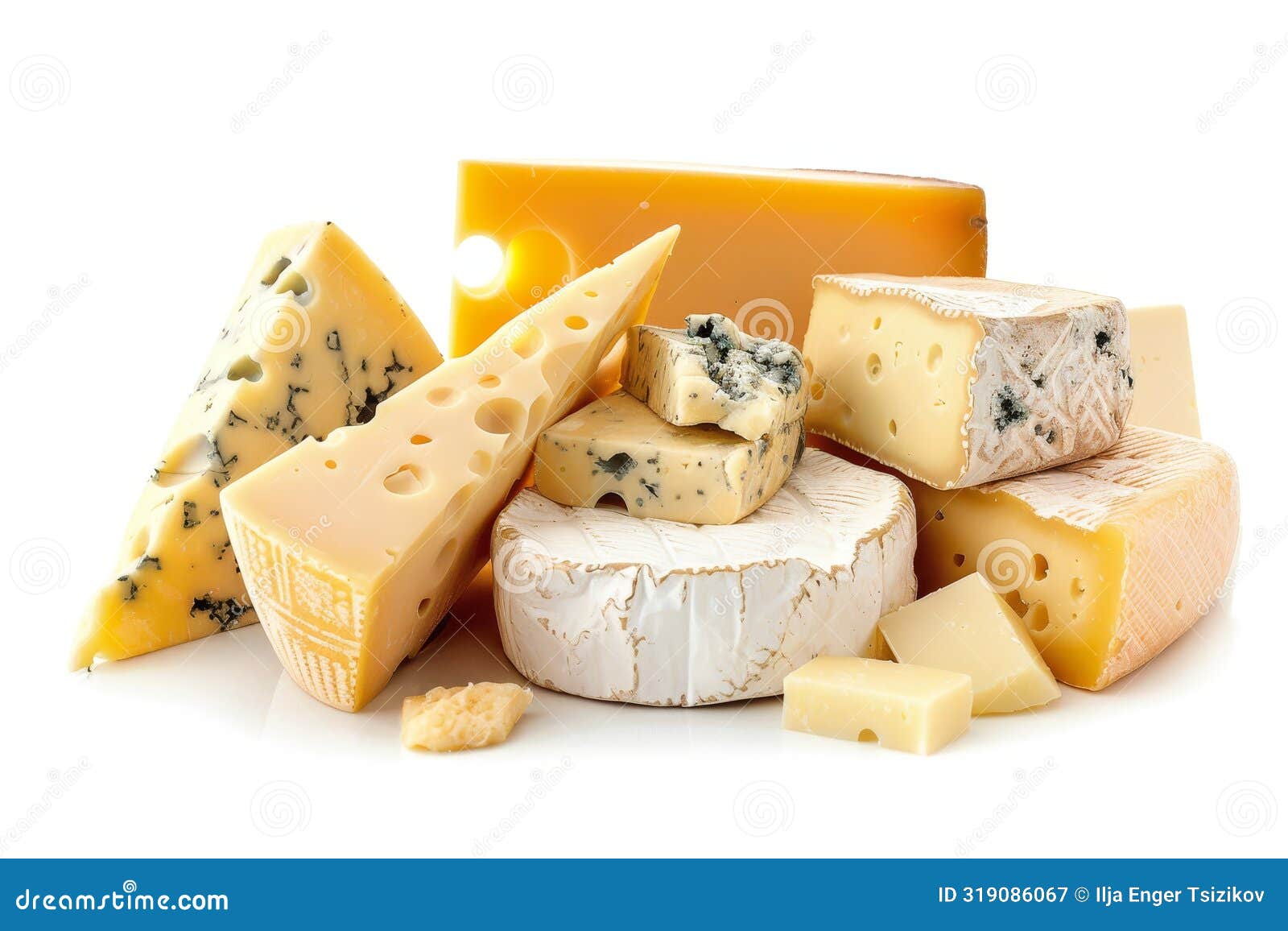 Assorted Cheese Selection Stacked on Isolated White Background for ...