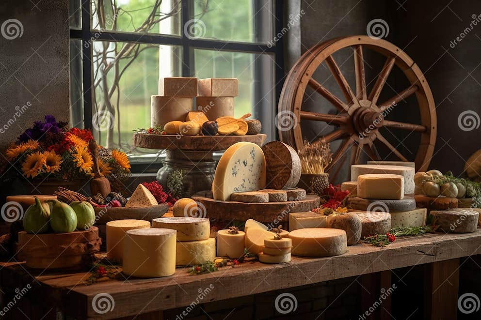 Assorted Cheese Wheel Display on Rustic Wooden Table Stock Illustration ...