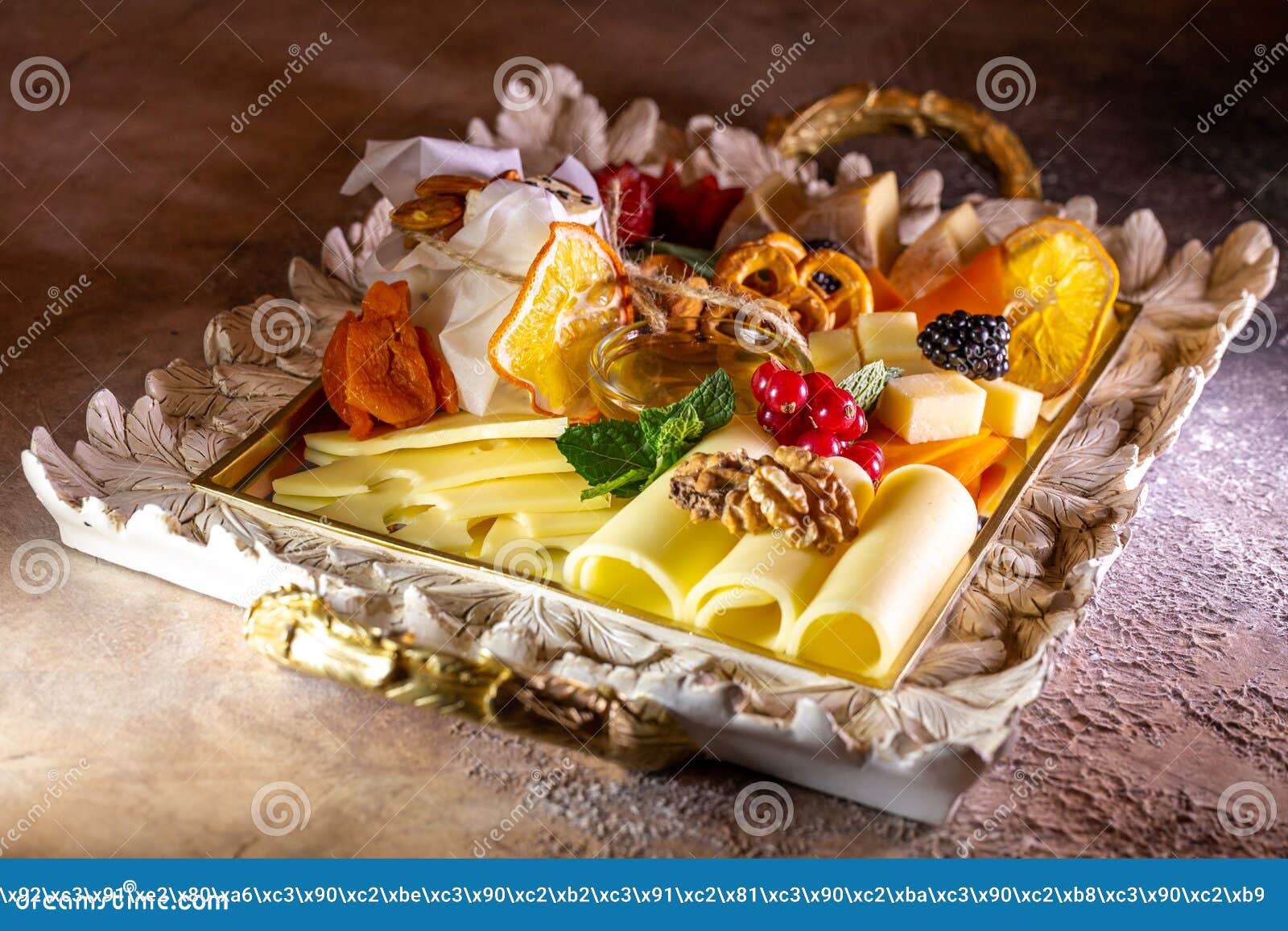 Assorted Cheeses on a Tray with Nuts and Honey Stock Photo - Image of ...