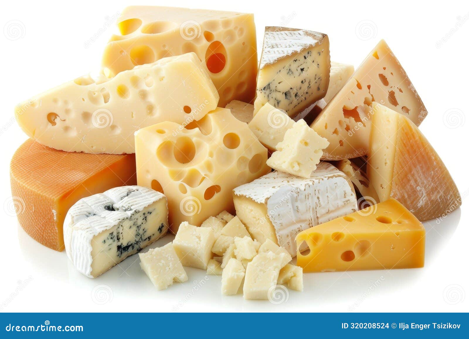 Assorted Cheeses of Various Types Stacked Together on a White ...