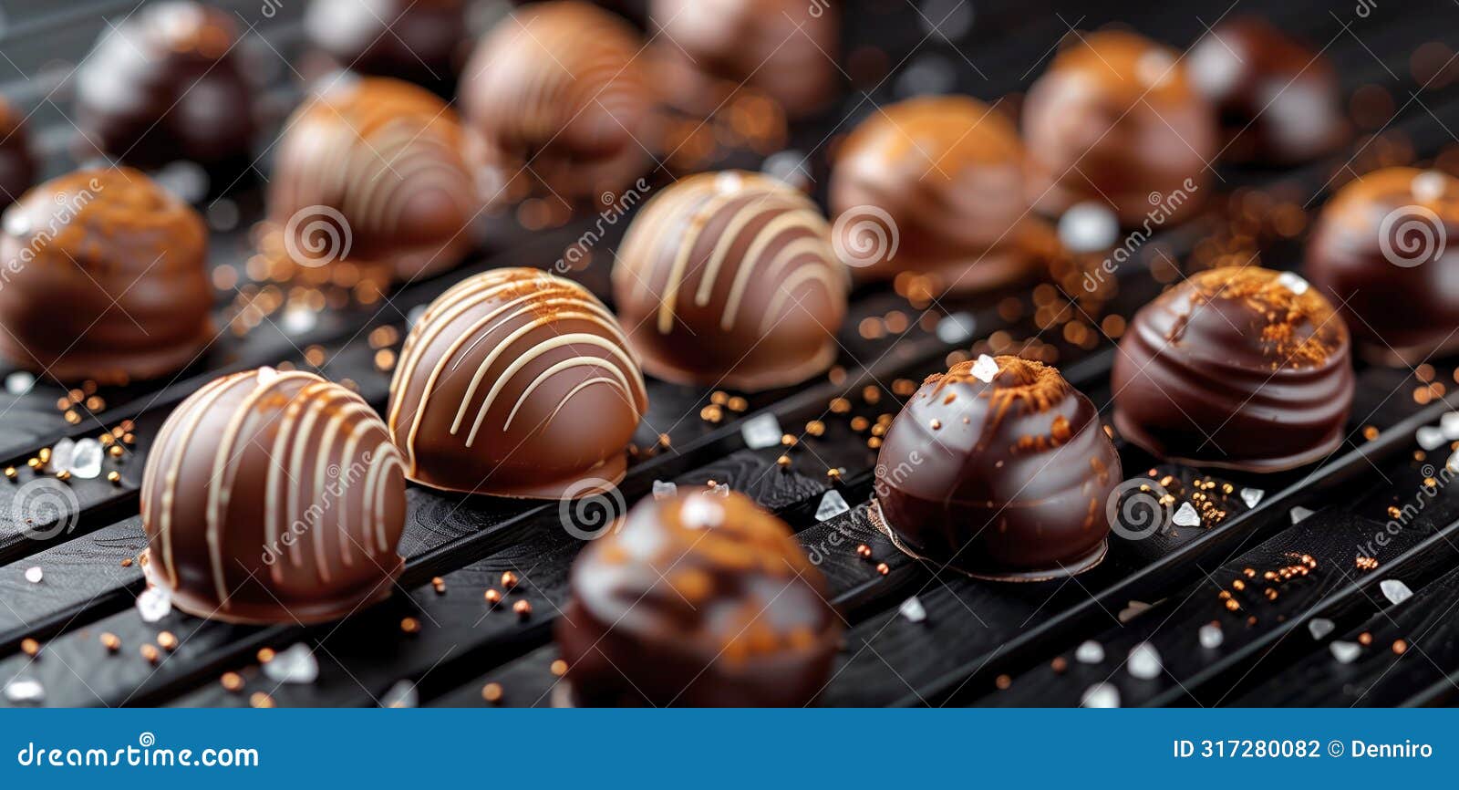 Assorted Chocolate Bonbons Arranged On A Dark Tray In A Close Up View