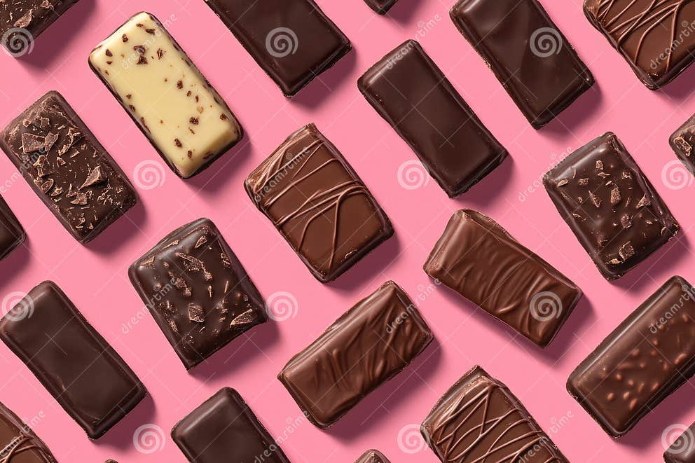 Assorted Chocolate Candy Bars Creating a Repeating Pattern on a Vibrant Pink Backdrop Stock ...