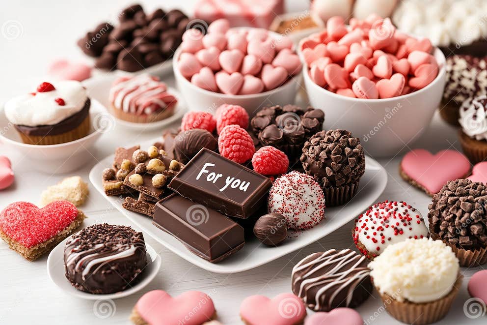 Assorted Chocolate and Heart-shaped Sweets Display on White Tray Stock ...