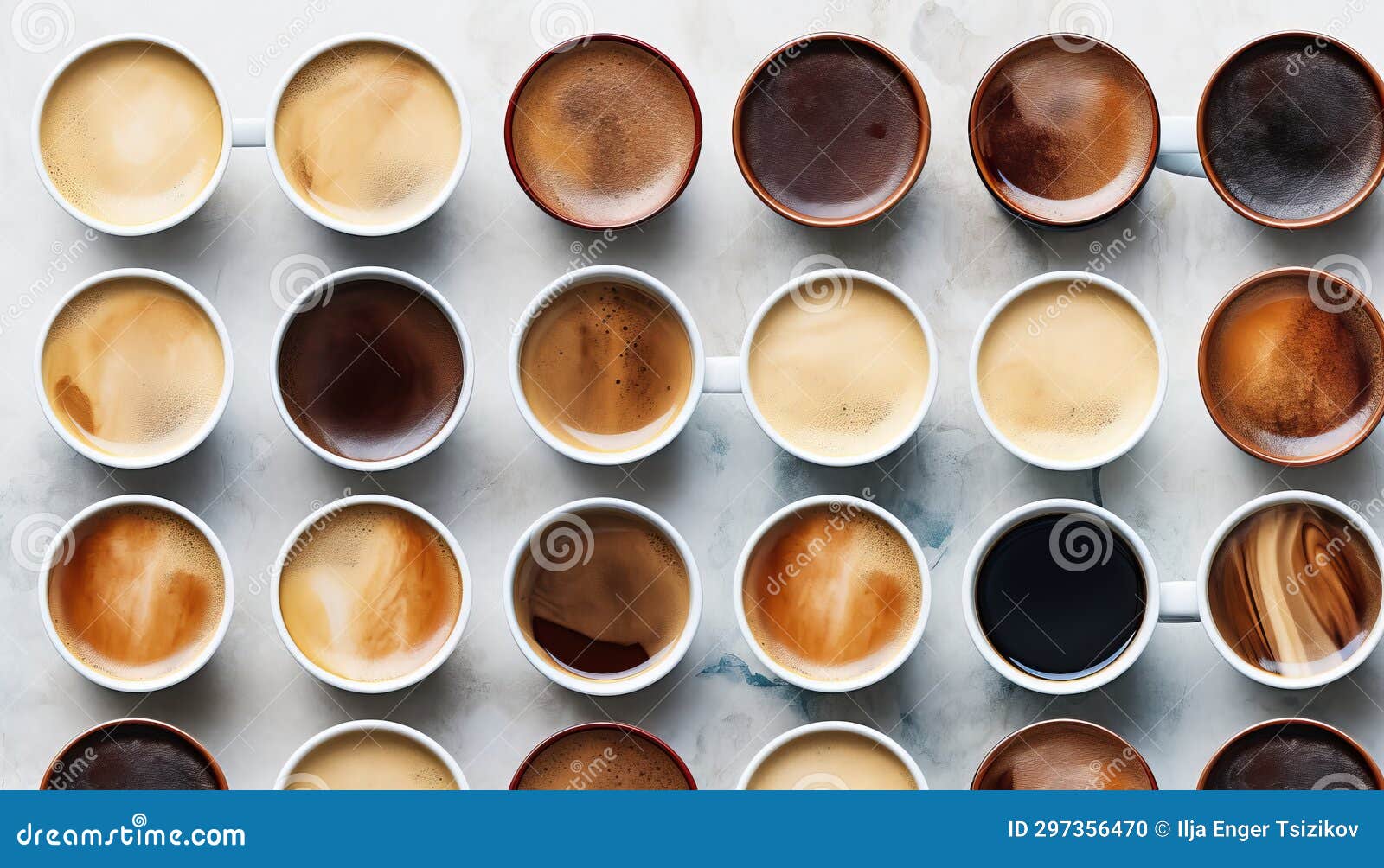 Assorted Coffee Mugs in Various Styles and Colors on White Stone Table ...