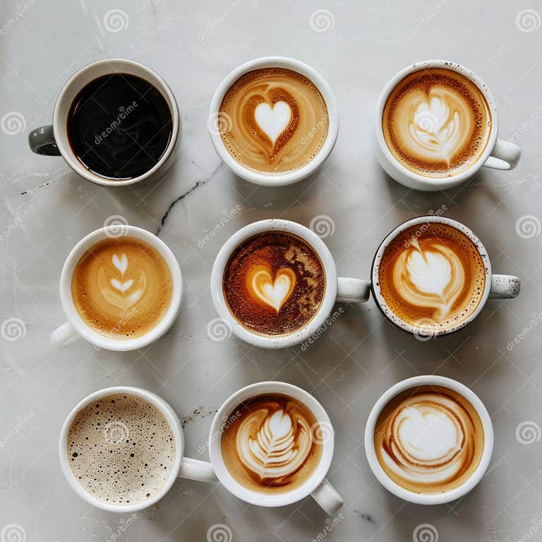 Assorted Coffees with Artistic Latte Art on Marble Surface Stock Image - Image of beverage ...