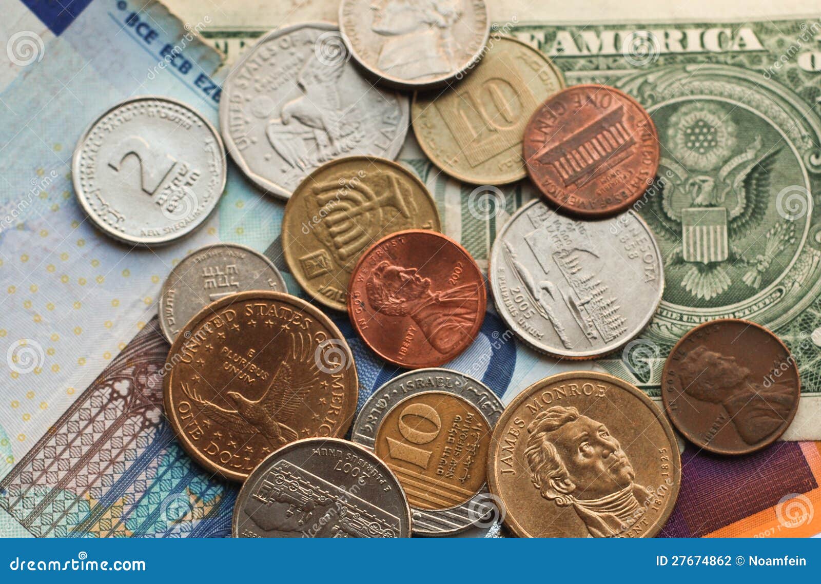 Assorted coins and bills stock photo. Image of crisis - 27674862