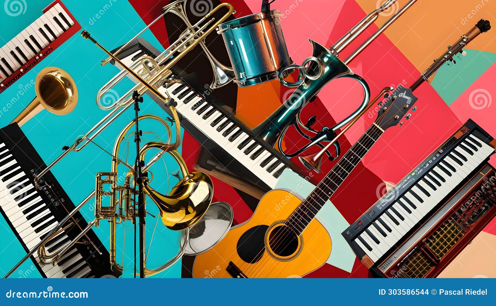 Assorted Collage of Musical Instruments. Guitar Keyboard Brass ...
