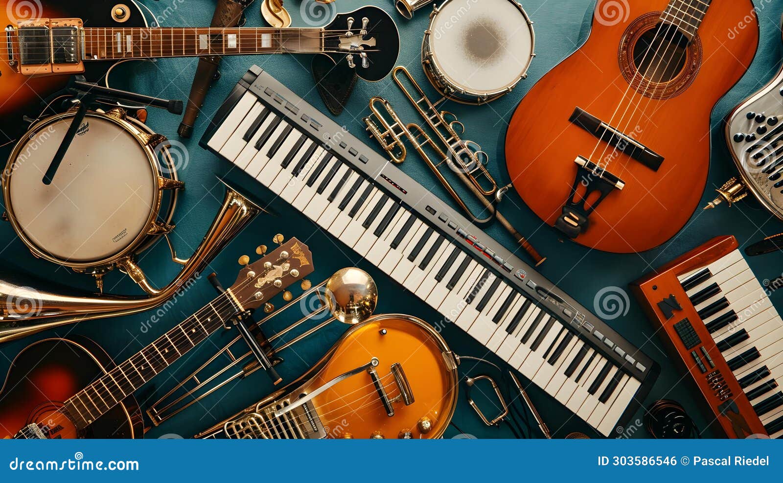 Assorted Collage of Musical Instruments. Guitar Keyboard Brass ...