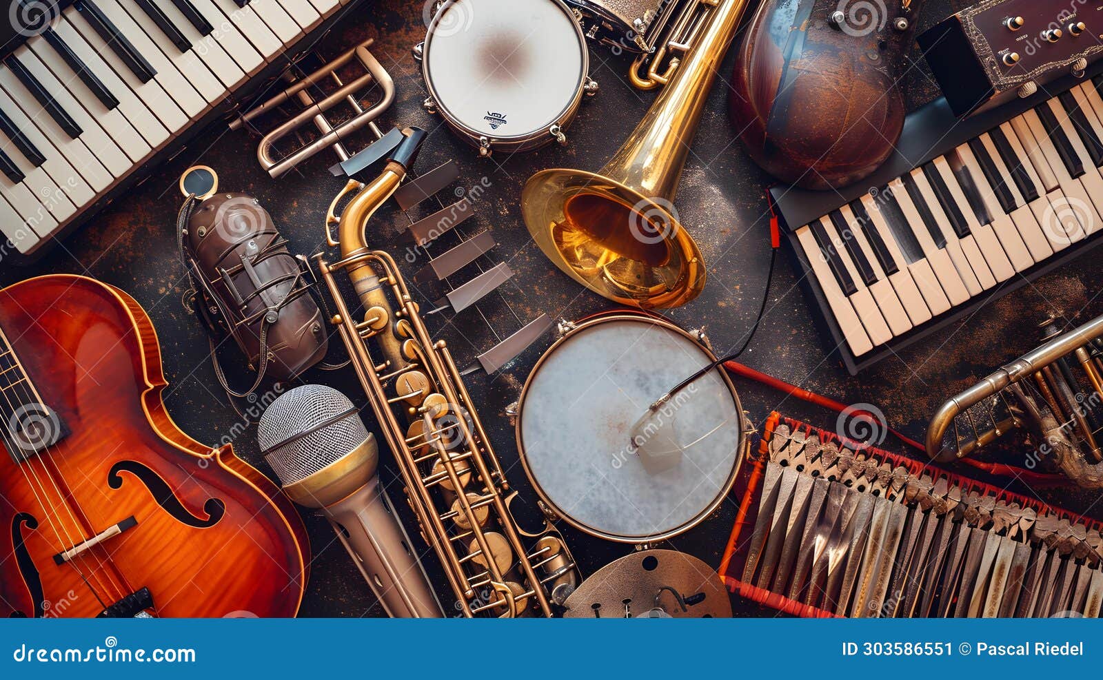 Assorted Collage of Musical Instruments. Guitar Keyboard Brass ...