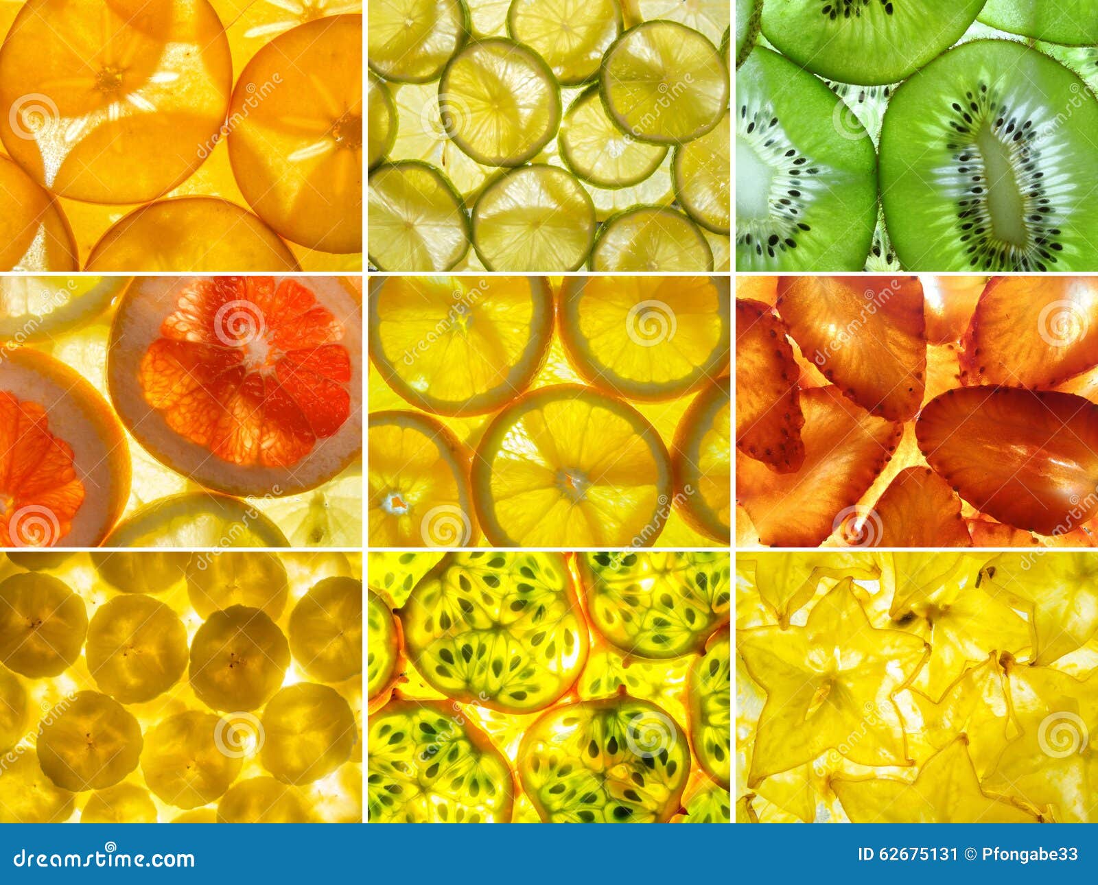 Assorted Collage of Nine Back Lit Fruit Slices Stock Image - Image of ...