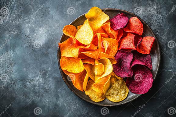 Assorted Colored Potato Chips on a Black Plate Stock Illustration ...