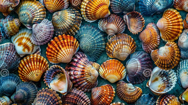 Assorted Colored Shells on Table Stock Illustration - Illustration of ...