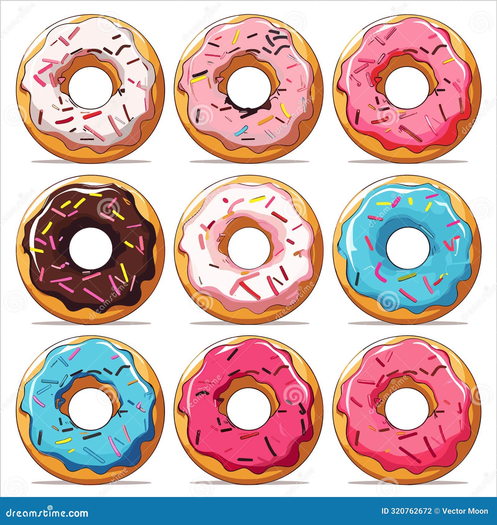 Assorted Colorful Donuts Different Icing Sprinkles. Nine Cartoon Style ...