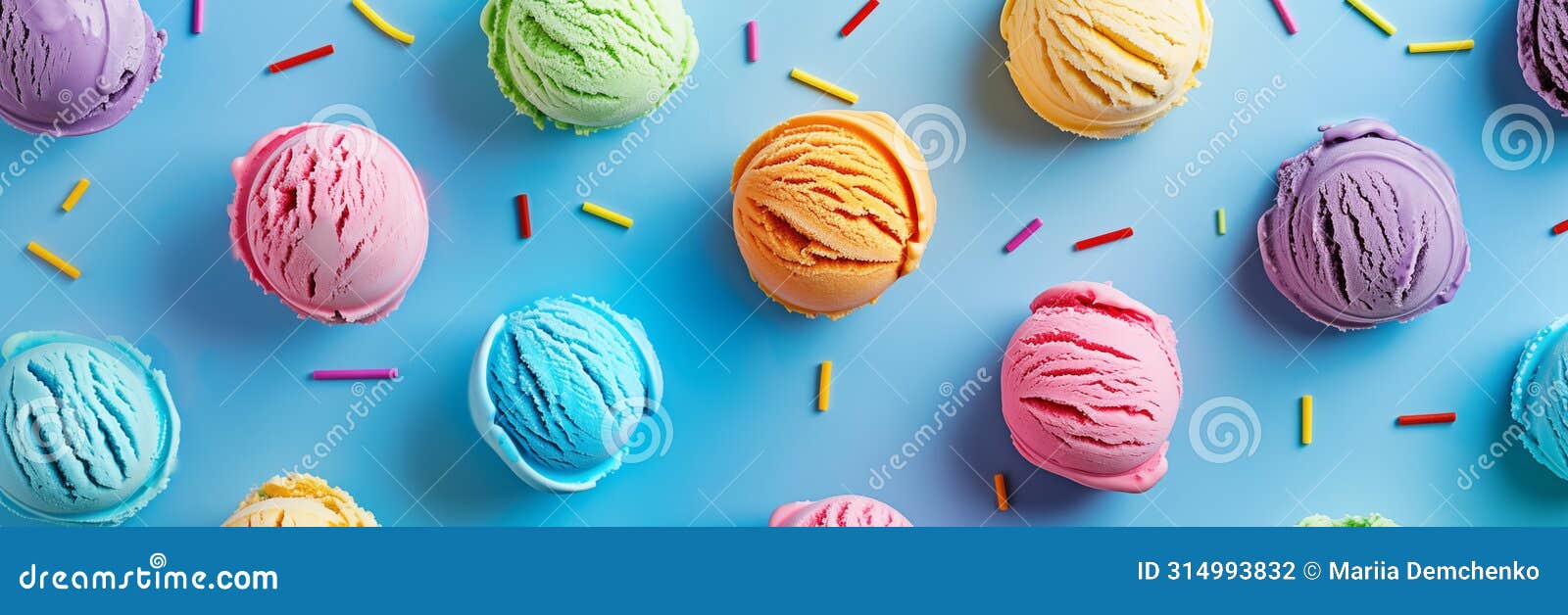 Assorted Colorful Ice Cream Scoops on Blue Background Banner. Panoramic ...