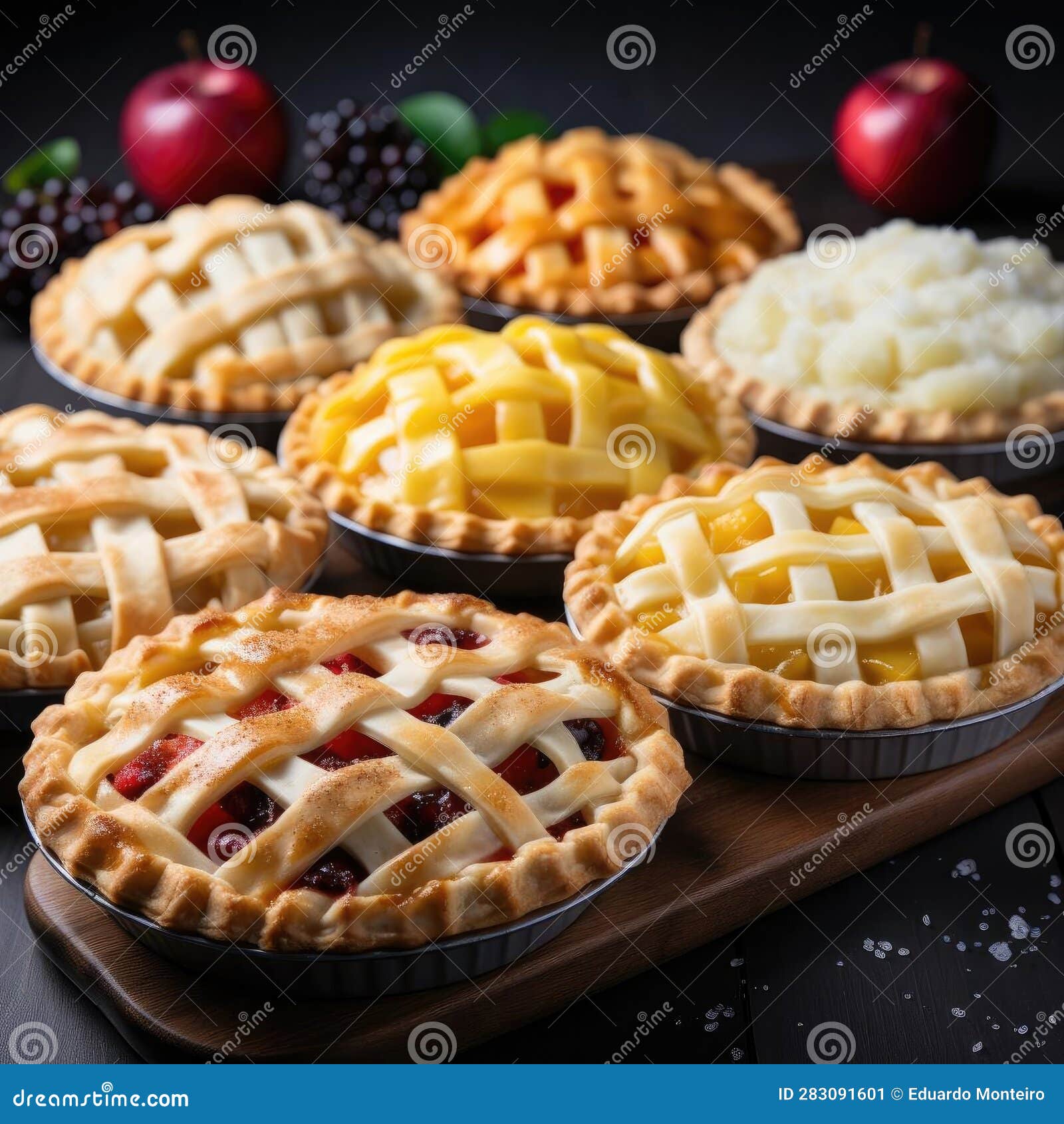 Assorted Colorful Pies with Elaborate Decorations on a Wooden Surface ...