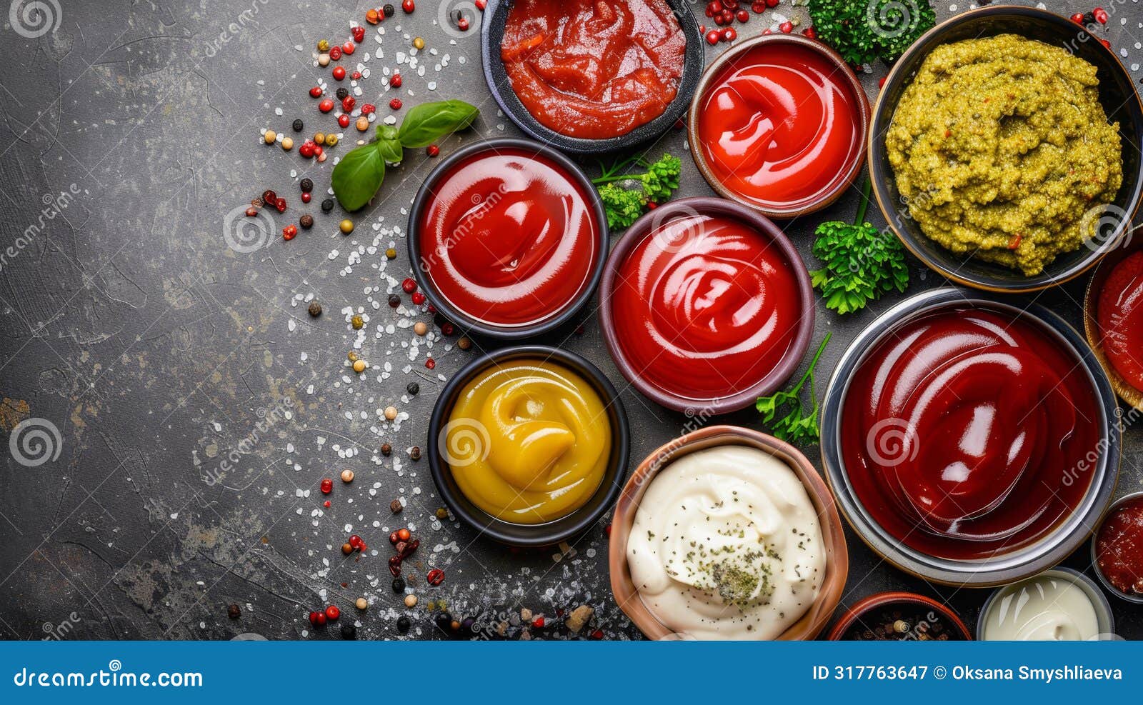 Assorted Condiments and Sauces Spread on Rustic Tabletop Stock Image ...